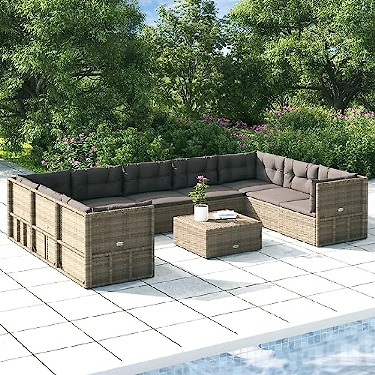 vidaXL 9-Piece Patio Lounge Set with Cushions in Gray - Durable PE (Poly) Rattan - Outdoor Furniture with Powder-Coated Steel Frame & Adjustable Seat
