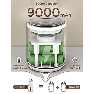 Portable Water Warmer for Baby Formula Travel, Wireless 9000mAh Battery Operated Portable Bottle Warmer, Precise & Adjustable Temperature, 10 Oz Detachable Glass Travel Bottle Warmer for Breastmilk