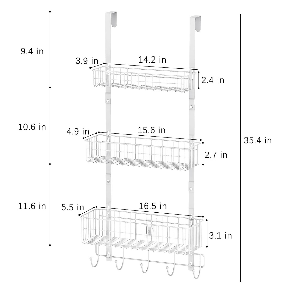 CADUKE Over The Door Organizer Hanger with Basket Hanger Door Towel Rack with 5 Hooks Back of Door Storage Organizer Behind Door Hooks Hanger Shelf for Bathroom, Kitchen, Office, White