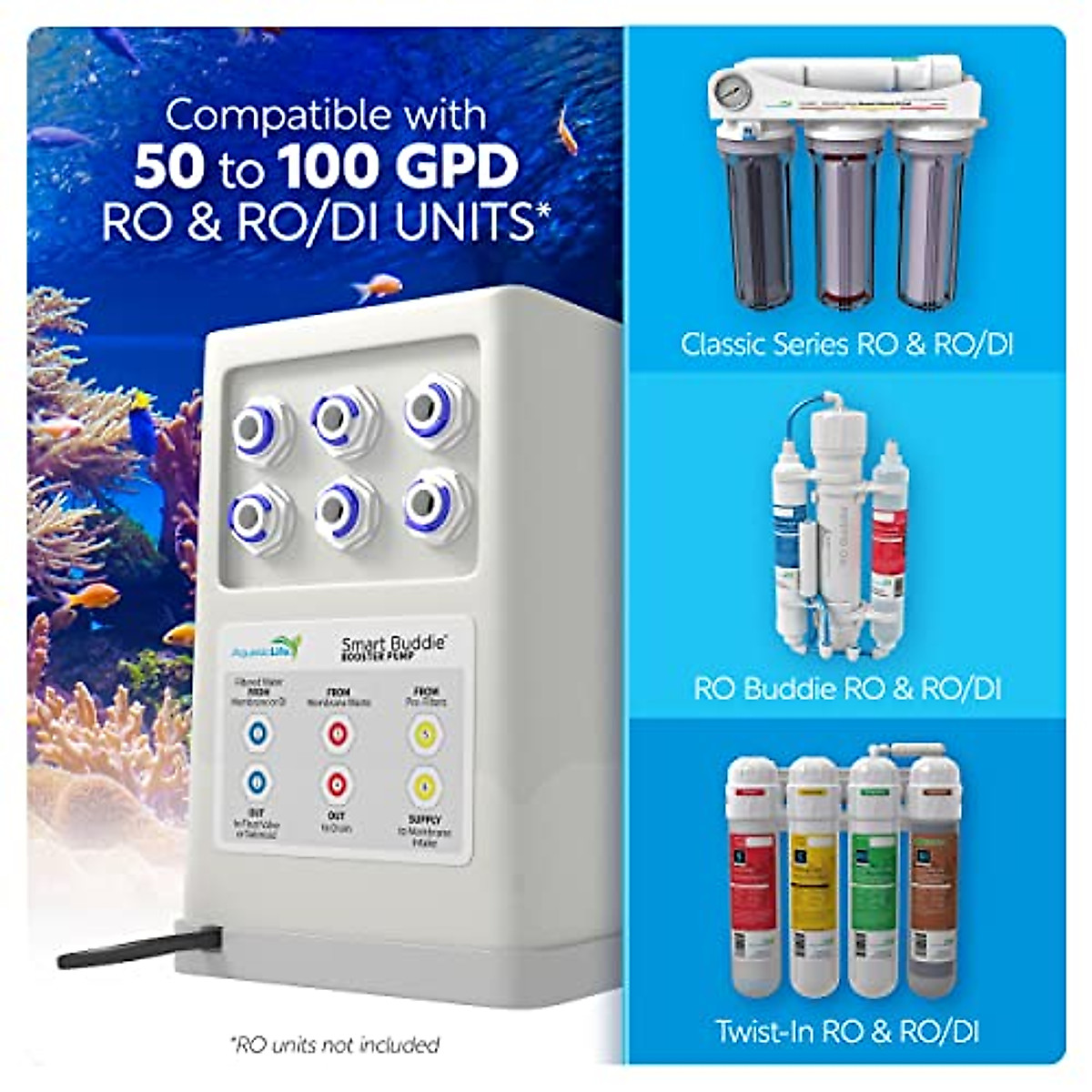 AQUATICLIFE Smart Buddie Booster Pump for 50-100 GPD Reverse Osmosis Water Filter Systems RO/DI Units, White, 12 Piece Set (540292)