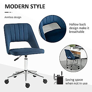 Vinsetto Modern Mid Back Office Chair with Velvet Fabric, Swivel Computer Armless Desk Chair with Hollow Back Design for Home Office, Blue