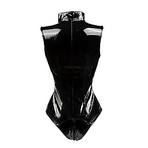 bslingerie Sexy Wet Look PVC Zip Up Clubwear Leather Bodysuit Teddy (Black Teddy, L)
