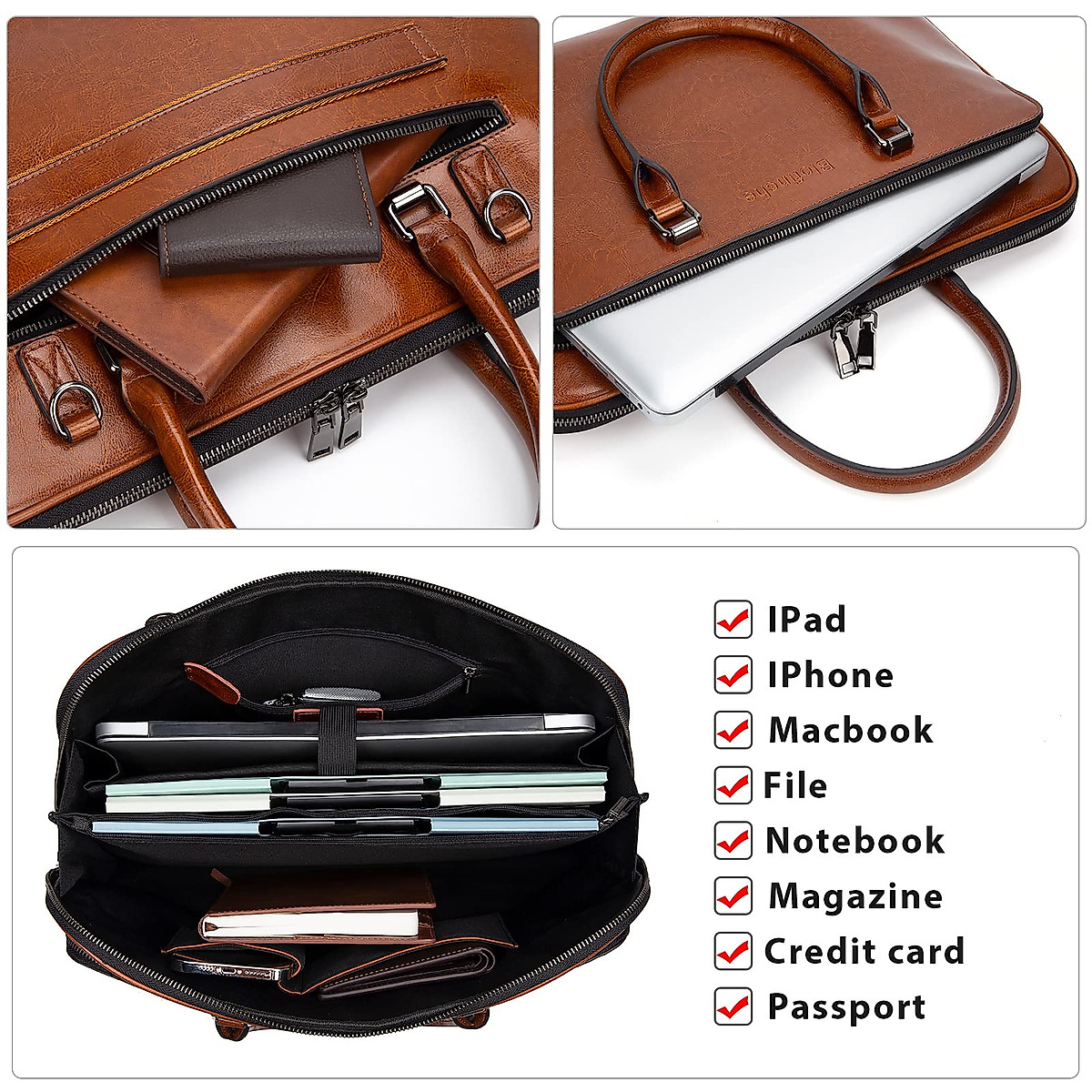 Laptop Messenger briefcase shoulder bag: Genuine Leather men 13 14 inch macbook case women work tote handbag Brown