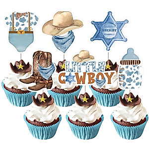 JOYMEMO 24 Pcs Little Cowboy Baby Shower Cupcake Toppers - Blue Brown Western Cowboy Baby Shower Decorations, Double Sided Wild West Baby Shower Cake Decor for Pregnancy Celebration Newborn Party