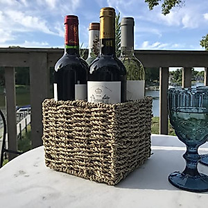 4 Compartment Basket Caddy, Bottle and Condiment Holder, Woven Wicker Over Metal Frame, Seagrass, 10.5 Inches
