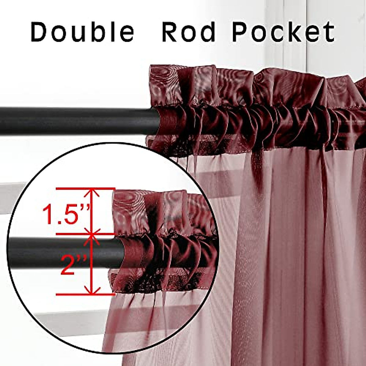 OVZME Living Room Sheer Curtains 96" Length 2 Panels Set for French Door, Christmas Gorgeous Window Decoration for Party & Backdrop & Canopy, Burgundy, Each 42Wx96L