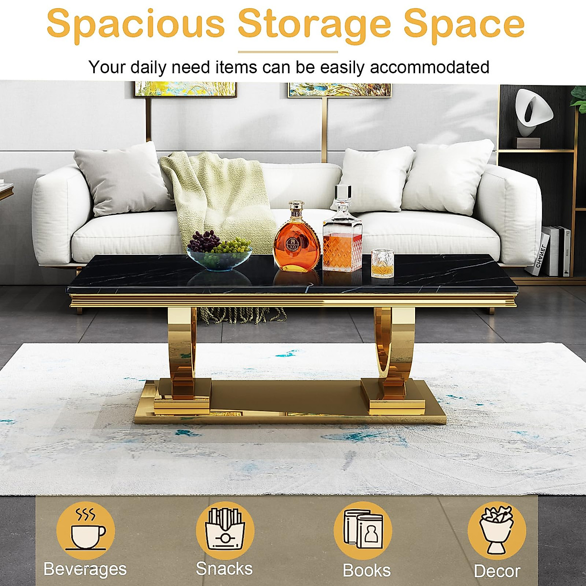 47" Rectangular Marble Coffee Table, Modern Luxury Living Room Center Table, Mid-Century Elegant Black Faux Marble Cocktail Table with O-Shape Gold Mirrored Stainless Steel Pedestal Base