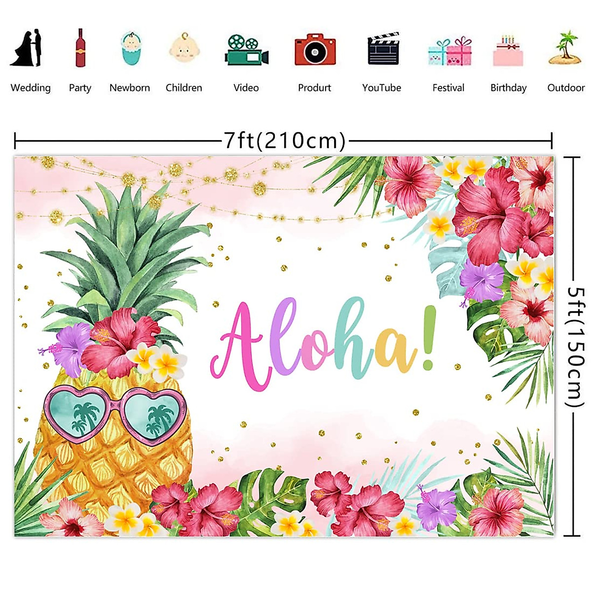 Wollmix Hawaiian Aloha Party Decorations Birthday Backdrop Banner 7x5ft Summer Tropical Beach Photography Background Baby Shower Glitter Gold Dots Floral Pineapple Photo Booth Studio Props Cake Table