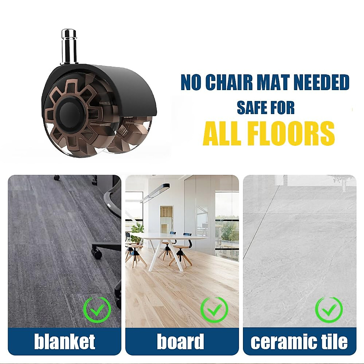 Office Chair Caster Wheels, Set of 5, Heavy Duty Chair Wheels for Hardwood, Carpet -Quiet & Smooth Gliding 2 Inch Office Chair Rubber Caster Wheels(Brown)