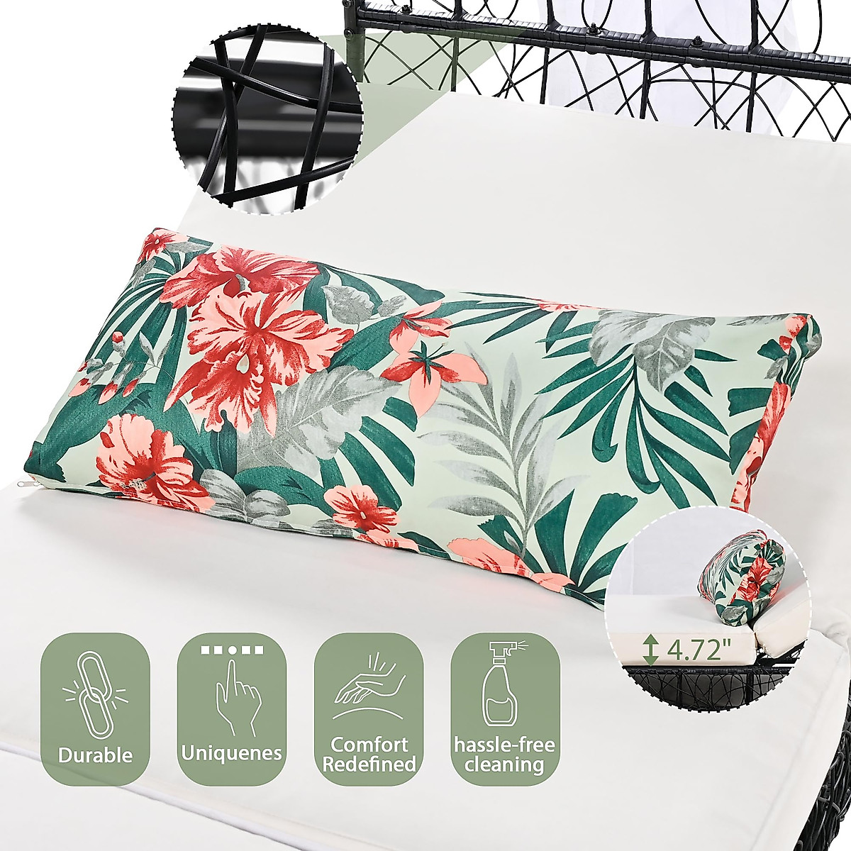 LUMISOL Outdoor Patio Daybed with Curtain, Sunbed with Cushion and Colorful Pillow, 90.55" Wicker Lounge Chairs Backrest Adjustable Recliners for Lawn Garden Poolside, Beige Cushion and Black Wicker