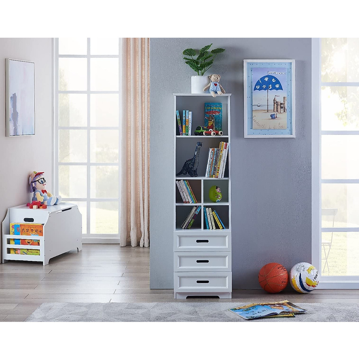 GOWE Kids Funnel White Bookcase Book Shelf Storage Unit with Book Display/Organizer Drawers - Classic White Color