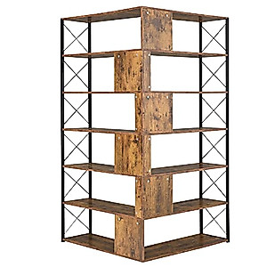 7-Tier Corner Bookshelf, Home Office Bookshelf, L-Shaped Corner Bookcase with Metal Frame, Industrial Style Shelf with Open Storage, MDF Board (Brown)
