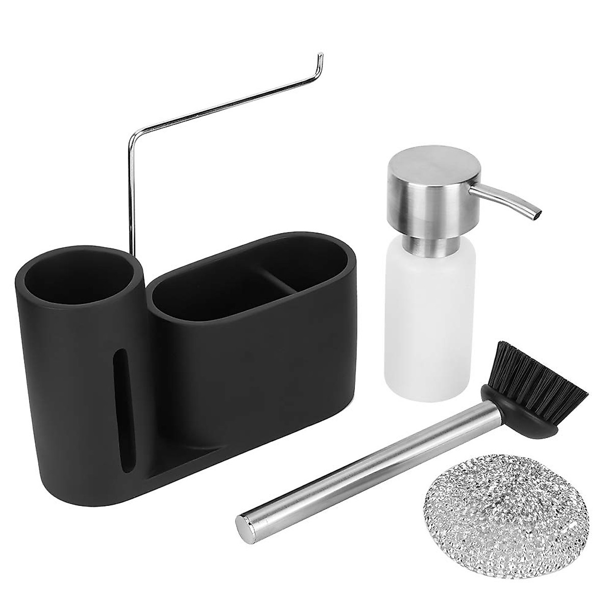 Kitchen Storage Rack with Detergent Dispenser, Steel Wire Ball and Brush Kitchen Sink Tableware Detergent Dispenser Container Dish Cloth Rag Storage Rack Black