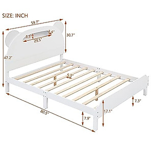 Merax Full Kids Bed Bear-Shaped Low Beds with Led Lights, Wood Platform Bed Frame for Boys, Girls,Easy Assemble (Full, White