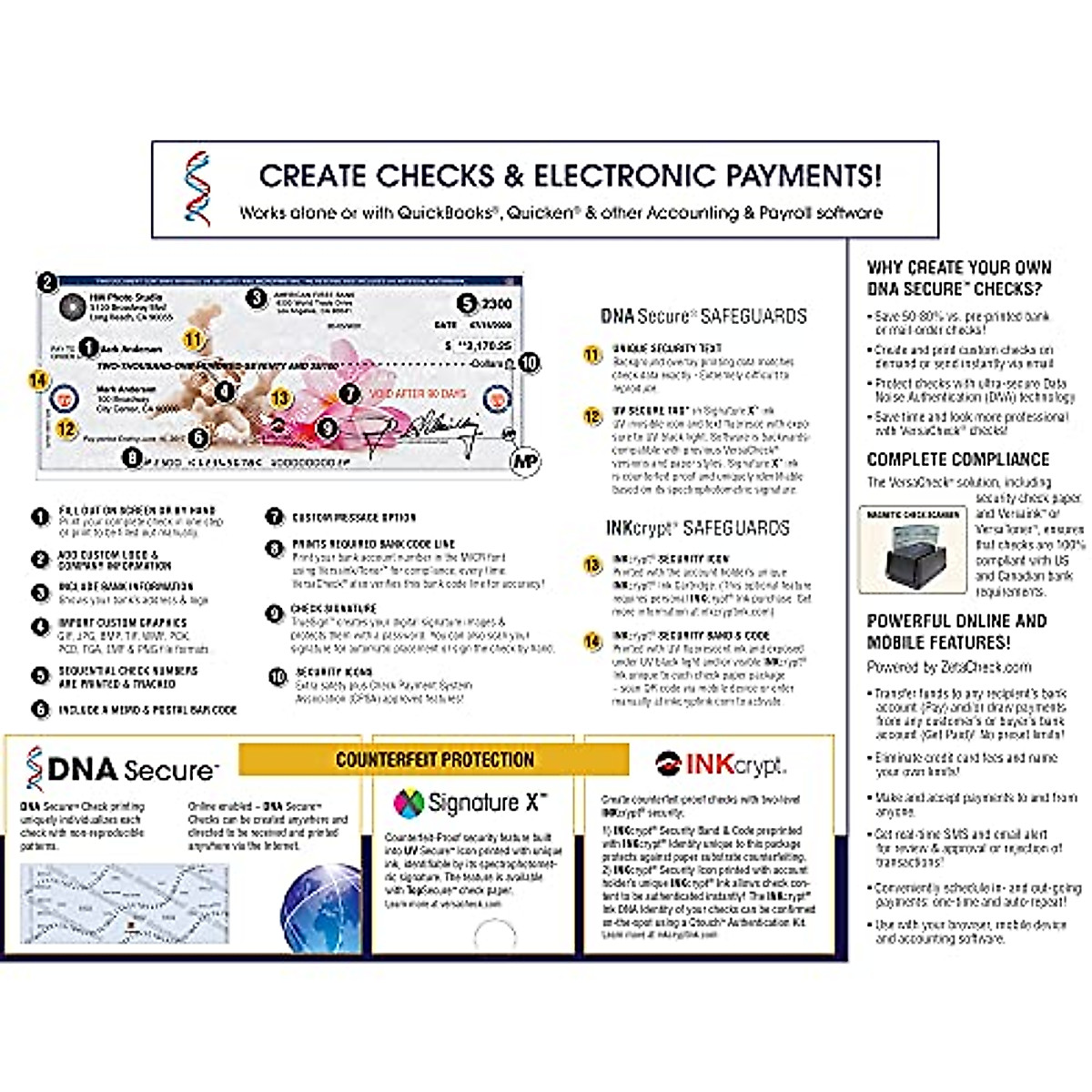 VersaCheck DeskJet 4155 MX MICR All-in-One Check Printer Gold Check Printing Software Bundle,White