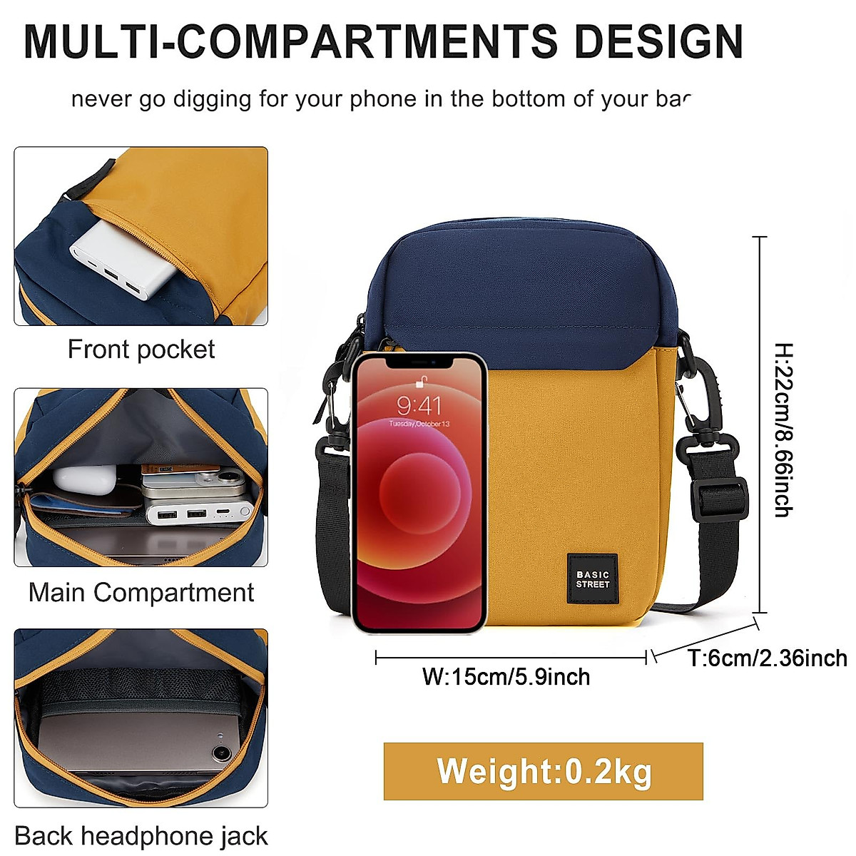 SEAFEW Yellow Crossbody Bag Small Shoulder Bag for Men Travel Wallet Passport Holder with Headphone Position, Mini Satchel for Daily Use