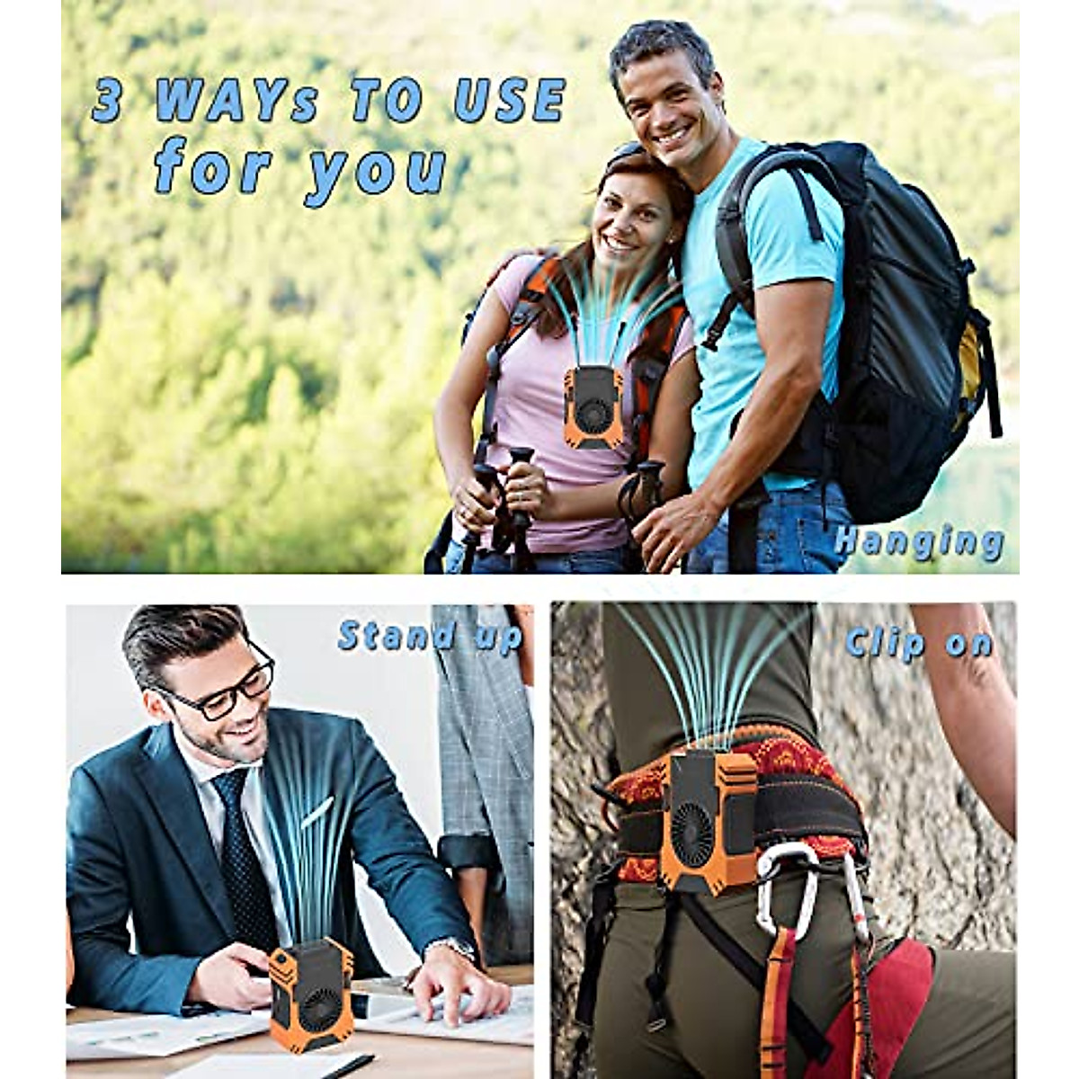 Portable Fan Clip on Waist 7000mAh,Personal Cooling Neck Fan 7100RPM Strong Airflow,5in1 with Flashlight/SOS & Portable Power Bank,3 Speeds for Workers,Camping Hiking Cooking, Outdoor Hot Terminator