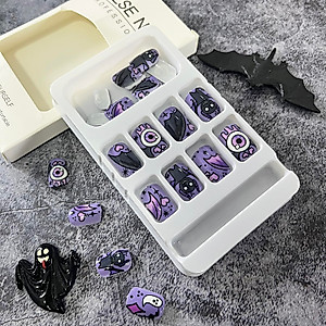 GGDECA Halloween Square Fake Nails Short Press on Nails Purple Glue on Nails Bat Ghost Love Eyeball Halloween Designs False Nails Acrylic Glossy Nails for Women Halloween Halloween Manicure Art 24Pcs