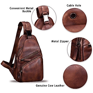 Genuine Leather Sling Bag Chest Shoulder Hiking Backpack Vintage Handmade Crossbody Daypack (Coffee)