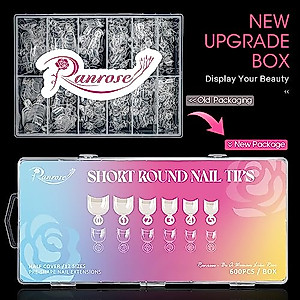 Ranrose 600PCS Clear Short Oval Half Cover Nails Tips Short Round Acrylic Short False Artificial Nail 12 Sizes with Box