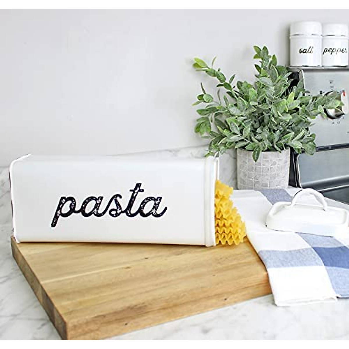 AuldHome Rustic Spaghetti Canister, Distressed White Enamelware Farmhouse Tall Pasta Storage Container