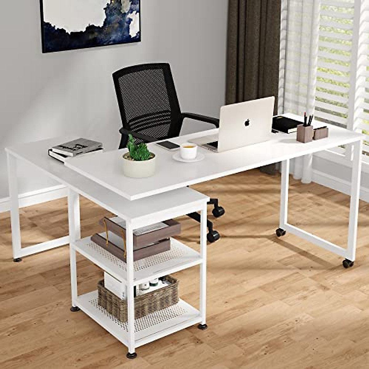 TRIBESIGNS WAY TO ORIGIN 55 Inch Reversible Office Desk, 360° Rotating L-Shaped Computer Desk with Storage Shelves, Modern Home Office Corner Desk Study Writing Table, High Glossy White