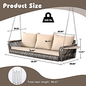 TOBYUL 3-Seats Outdoor Wicker Hanging Porch Swing Chair, Patio Swing Lounge with 2 Cup Holders,3 Back Cushions,1 Seat Cushion for Backyard Garden Park Deck
