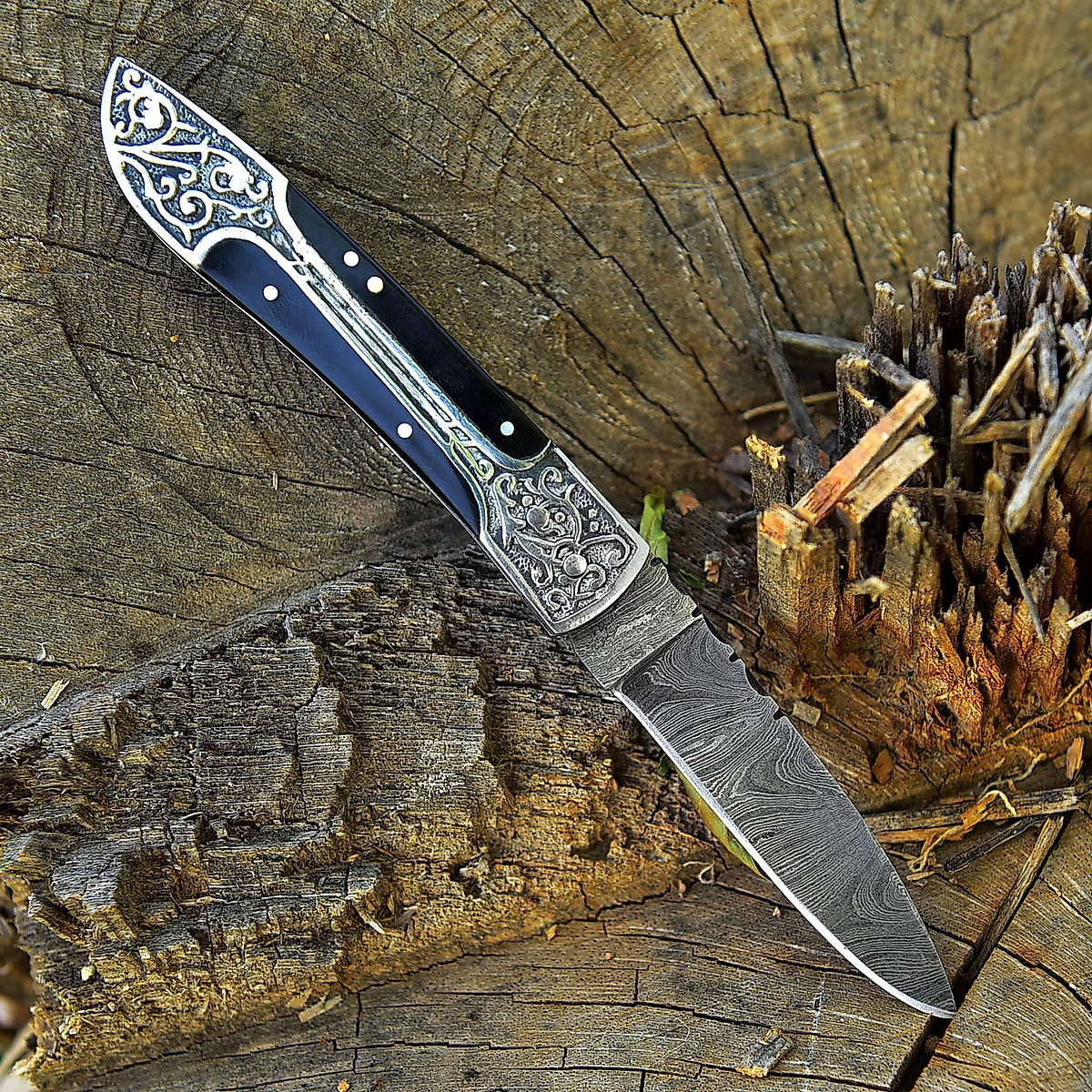 Tbp Forged Damascus Hunting Knife For Fishing Skinning Outdoor Edc Camp Handmade Damascus Steel Survival Bowie Knife With Vertical Belt Loop Sheath 10 Inch Fixed Blade Belt Knife For Camping, Bushcraft Ergonomic Walnut Wood Handle Cool Knives For Men (Fol