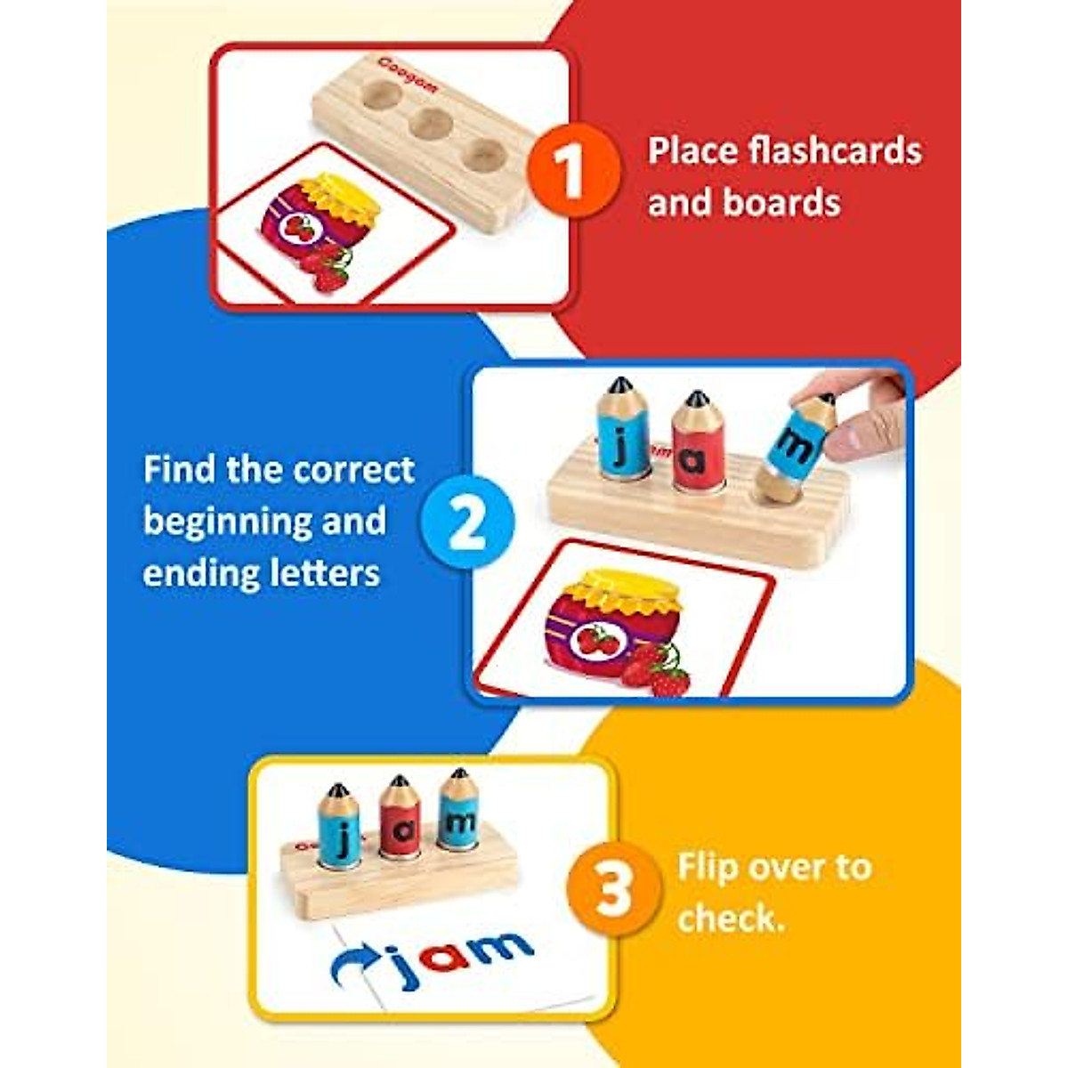 Coogam Wooden Short Vowel Spelling Games, Learn to Spell CVC Sight Words Educational Flashcards Fine Motor Montessori Alphabet Toy Gift for Kids 3 4 5 Years Old