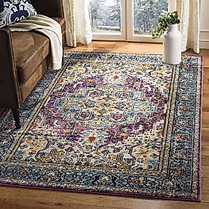 SAFAVIEH Monaco Collection 8' x 10' Violet/Light Blue MNC251L Boho Chic Medallion Distressed Non-Shedding Living Room Bedroom Dining Home Office Area Rug