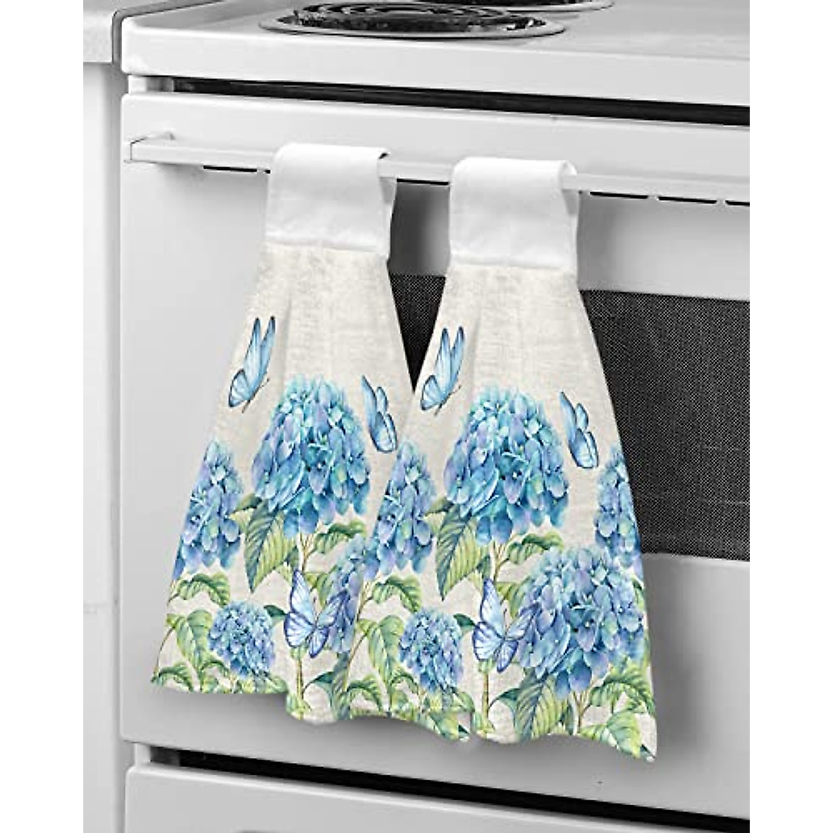 Big buy store Hanging Kitchen Towels Summer Hydrangea Flower Bathroom Hand Towels with Hanging Loop Butterfly Blue Floral Soft Absorbent Drying Dish Tie Towels for Kitchen Toilet Tabletop Home Decor