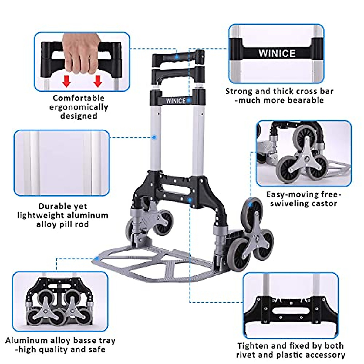 Stair Climbing Cart Portable Folding Hand Truck 165 lbs Weight Capacity Heavy-Duty Hand Cart Height Adjustable Aluminum Trolley with 6 Rubber Wheels & Bungee Cord Dolly for Moving, Luggage and Office