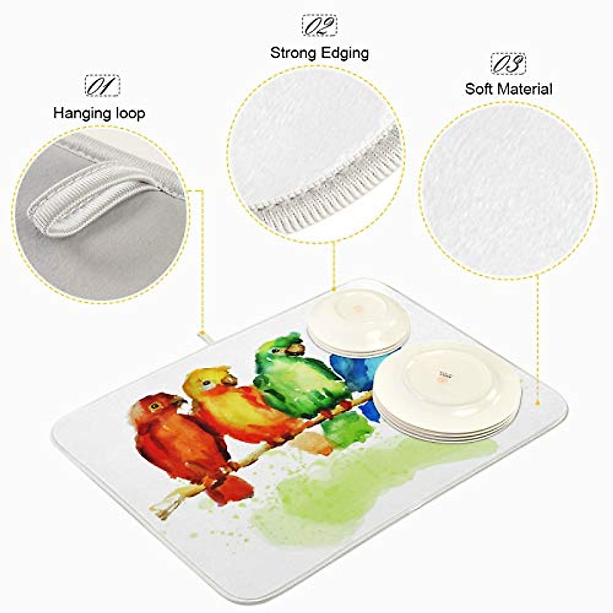 Watercolour Parrot Bird Tree Dish Drying Mat 24"x18" Absorbent Machine Washable Hanging Fast Dry Pad Dish Protective Mat for Kitchen Countertop Heat Resistant Dinner Table Mat