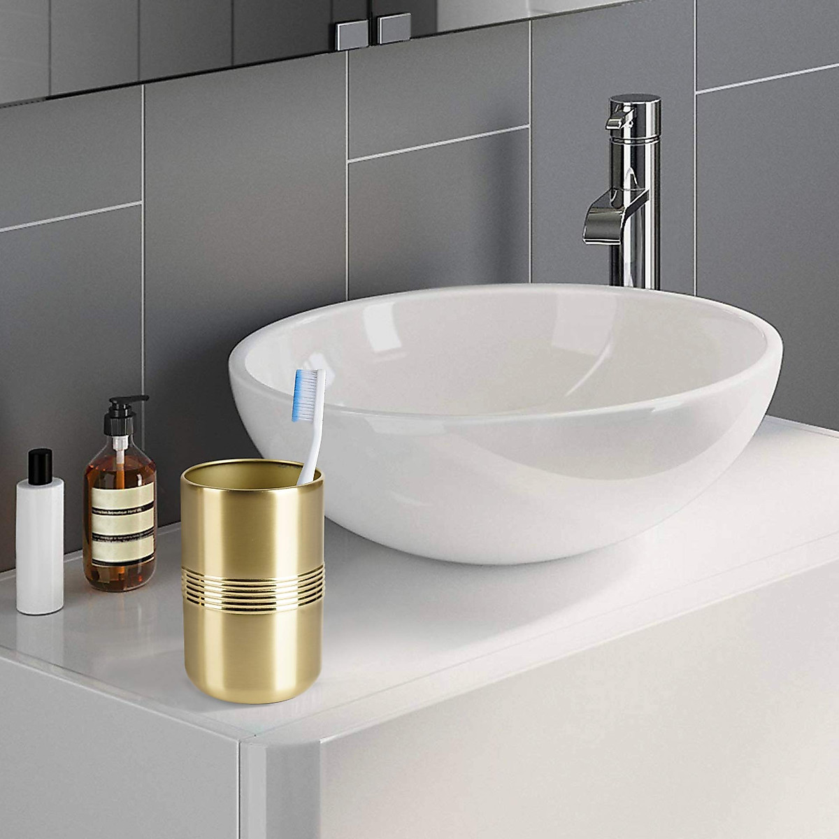 nu steel Nusteel Jewel Decorative Tumbler Cup for Bathroom Vanity Countertops for Rinsing,Drinking,Storing Dental Accessories and Organizing Makeup Brushes,Eye Liners, Rich Gold Finish (JW5H)