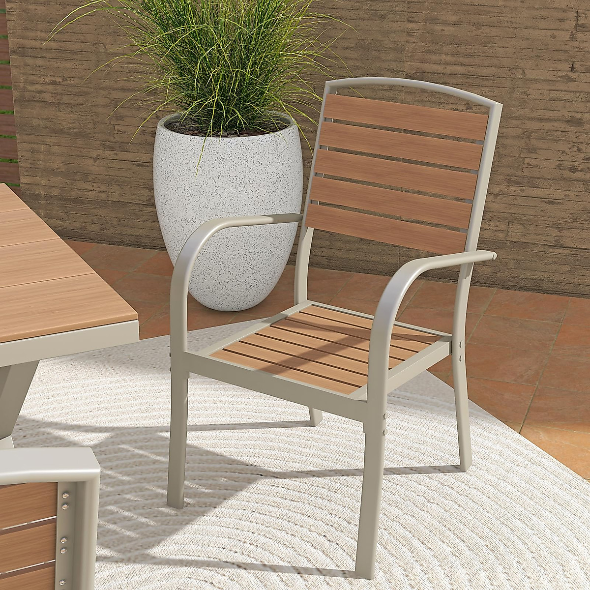 SUNSITT 7 Piece Outdoor Dining Set for 6, Aluminum Patio Dining Furniture Set with 59” Rectangle Dining Table & 6 Stackable Patio Chairs, Outdoor Table and Chairs w/Faux Wood Grain, Teak Wood Color