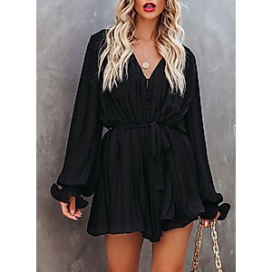 Dokotoo Womens Summer Spring Romper Ladies Elegant Plain Sexy V Neck Flared Long Sleeve Waist Tiet Pleated Drape Rompers and Jumpsuits for Women Dressy Black X-Large