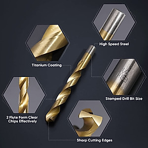 TICONN 99PCS Titanium Coated Drill Bit Set, 135 Degree Tip HSS Bits Kit with Storage Case for Aluminum, Copper, Soft Alloy Steel, Wood, Plastic Size from 1/16" to 3/8"