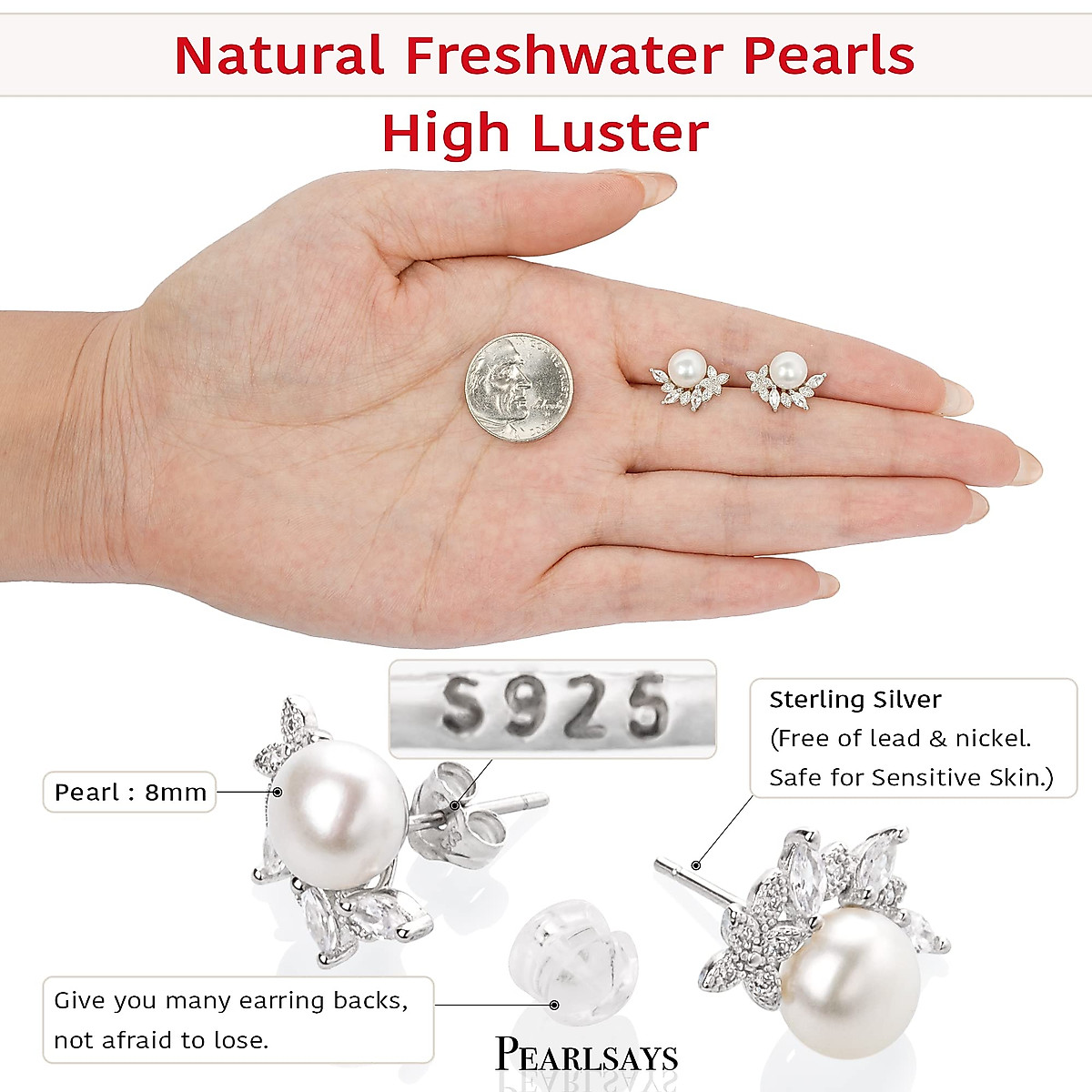 Pearlsays Natural Pearl Earrings for Women 925 Sterling Silver Cubic Zirconia Earrings Jewelry for Women AAAA Quality Real White Freshwater Pearl from The Pearls Source (8.00, Natural Pearl Zirconia