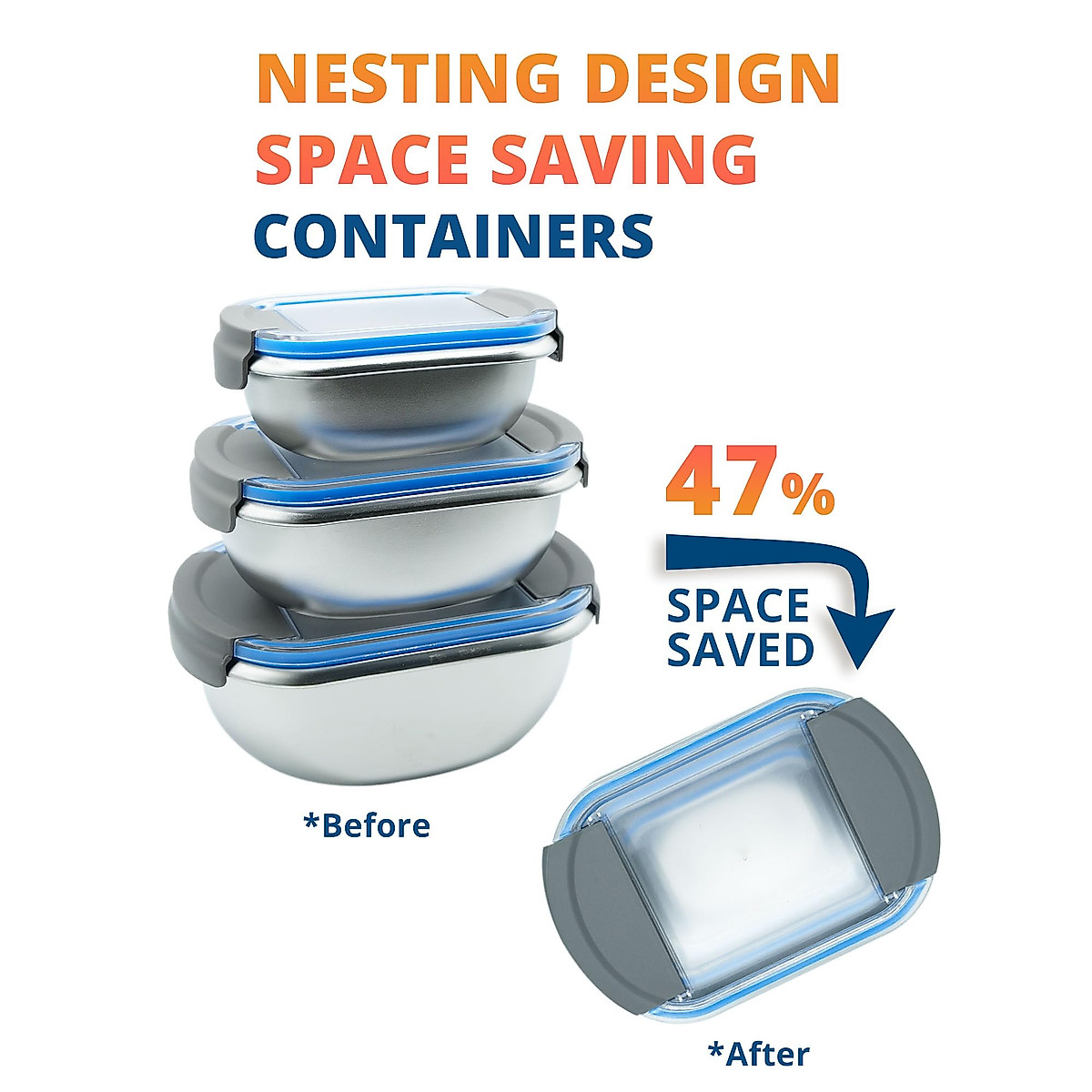 Lunememo Nest Stainless Steel Food Storage Containers, Airtight Metal Lunch Box Set with Lockable Leakproof Lids, BPA Free, 6-Piece