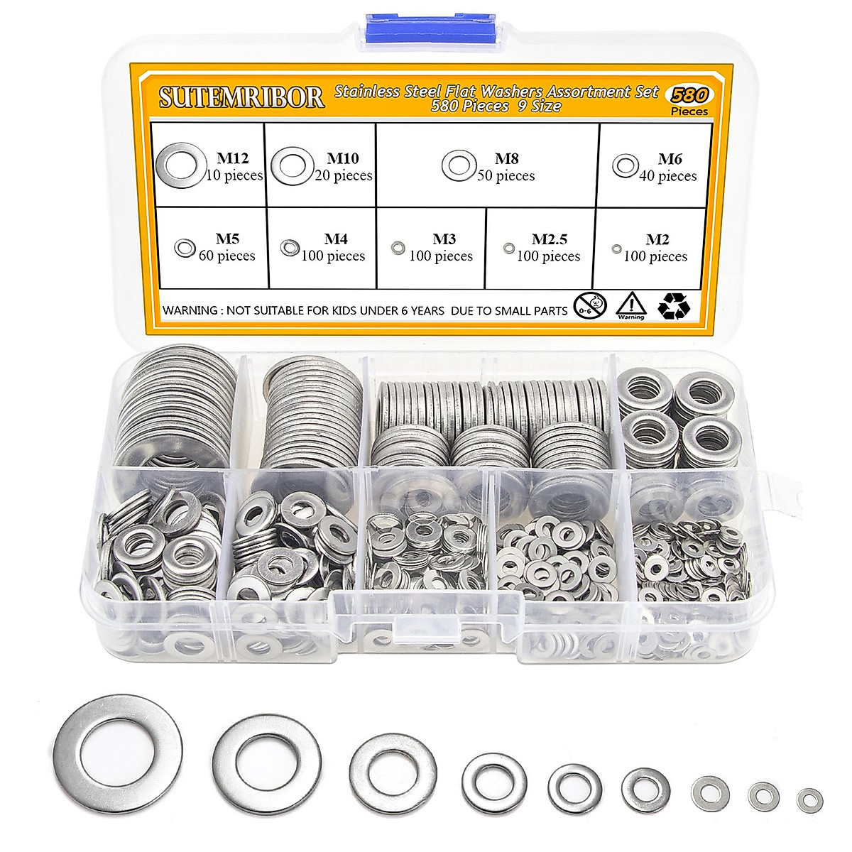 Sutemribor 304 Stainless Steel Flat Washers Set 580 Pieces, 9 Sizes - M2 M2.5 M3 M4 M5 M6 M8 M10 M12
