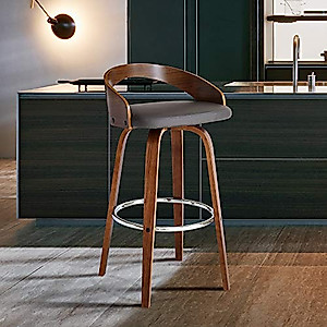 Armen Living Sonia Mid Century Modern Swivel Bar Stool for Kitchen Island Counter in Gray Faux Leather and Walnut Wood, 26" Seat Height