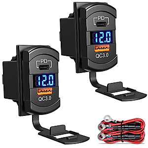 Rocker Style Switch Replacement USB C Car Charger Socket, Dual PD and QC3.0 12V/24V Panel Mount USB Outlet with LED Voltmeter for Boat, Marine, Truck, Bus, Off Road Vehicles, RV, Golf Cart, etc.