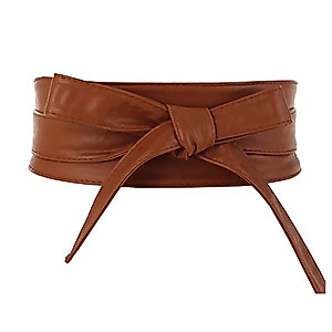 Aecibzo Women's PU Leather Self Tie Wrap Around Obi Waist Band Cinch Boho Belt (Brown, Fit waist 22”-34.5”)