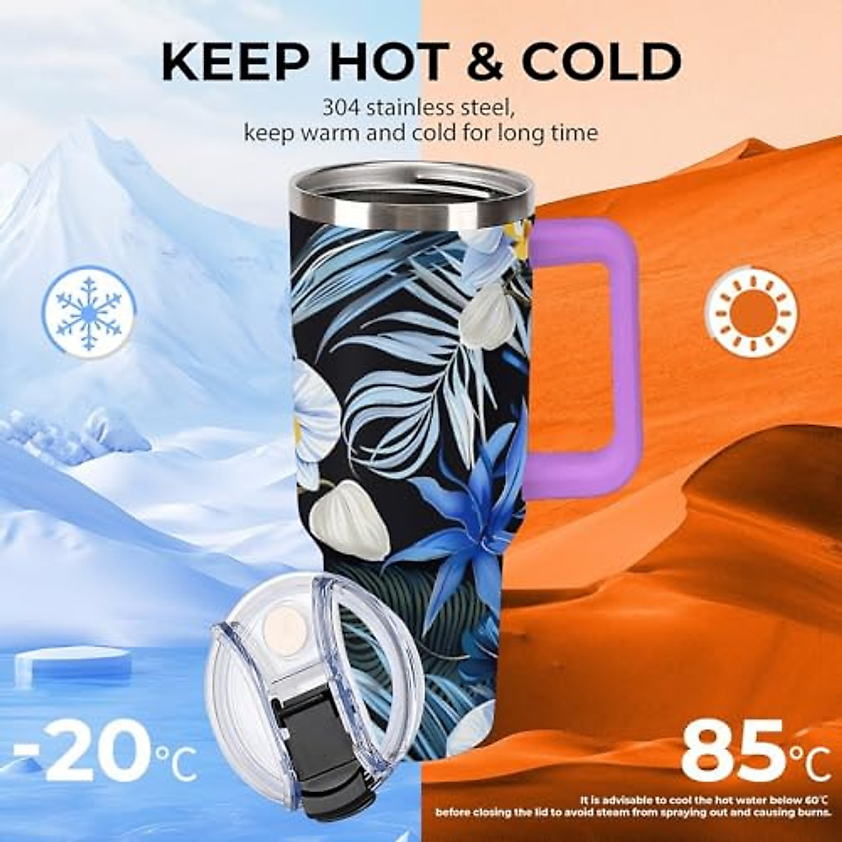 Floral Print Insulated Tumbler with Lid And Straw Stainless Steel Travel Coffee Mug 40oz Violet-style