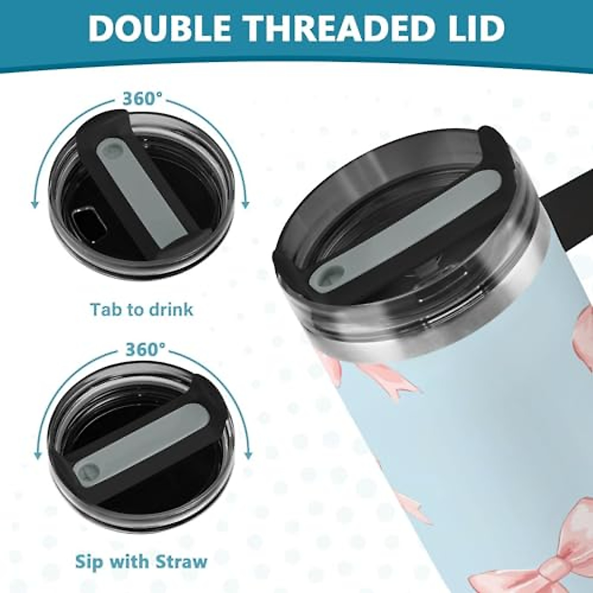 Flradish 30oz Tumbler with Handle, Pink Bows Stainless Steel Tumbler with Lid and Straws Double Wall Vacuum Insulated Leakproof Coffee Travel Mug