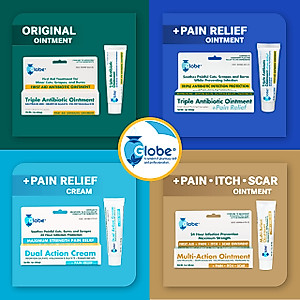Globe (4 Pack) First Aid Antibiotic Pain-Relieving, Anti-Itch, & Scar Ointment with Neomycin, Bacitracin Zinc, Pramoxine HCl & Polymyxin B, for Minor Cuts, Scrapes & Burns,