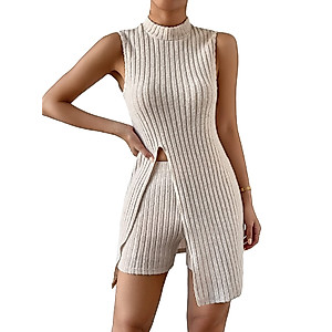 WDIRARA Women's 2 Piece Outfits Rib Knit Mock Neck Sleeveless Split Hem Tank Dress and Shorts Set Apricot XL