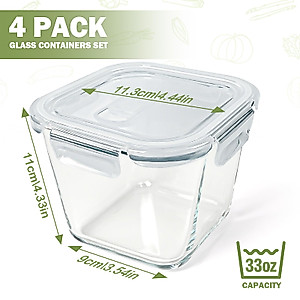 Glass Soup Containers with Lids Square, 4 Cup Glass Storage Containers for Lunch, Glass Freezer Safe Food Storage Jars for Salad, Fruit and Ice Cream, Glass Meal Prep Bowl Reusable Microwavable 32 oz