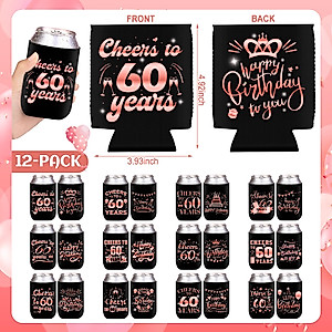 12Pcs Can Cooler Sleeves - Rose Gold 60th Birthday Decorations for Women - Beverage Can Cooler Sleeves for Cheers to 60 Years Old Party Supplies Gift