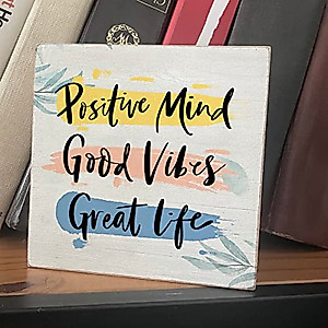 Rustic Positive Mind Good Vibes Great Life Wooden Box Sign Table Decor Plaque Inspirational Quote Wood Box Sign Art Home Office Shelf Desk Decoration 5 x 5 Inches
